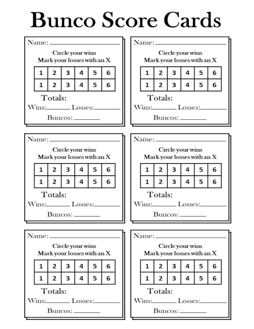 Bunco Score Sheets - 3 - Personalized Templates