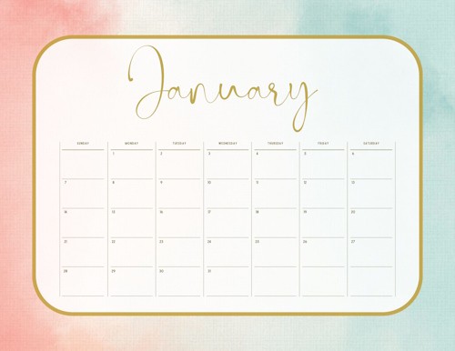 Pink and teal - Horizontal calendar - January - Monday Start ...