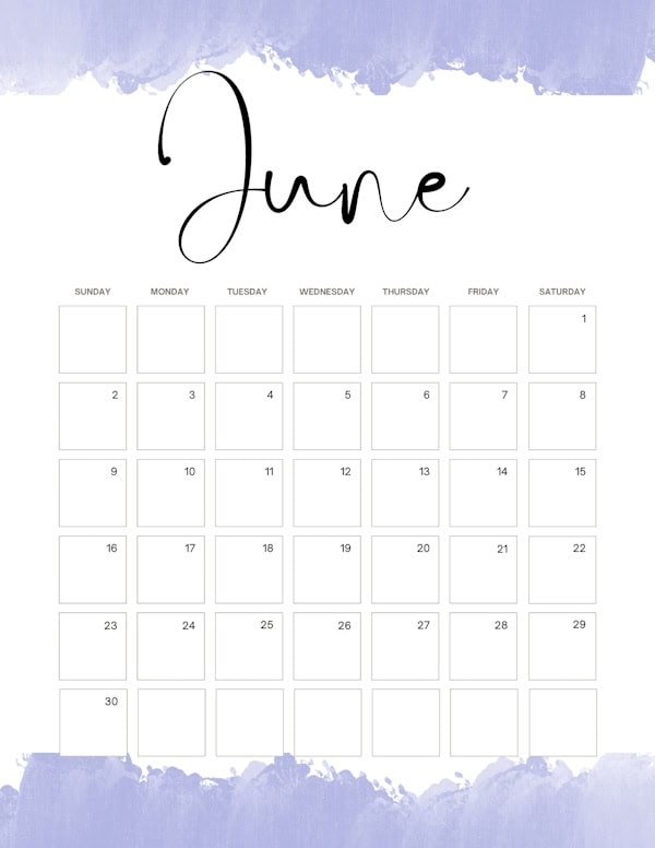 Calendar with watercolor border (you can change the color) - June 2024 ...