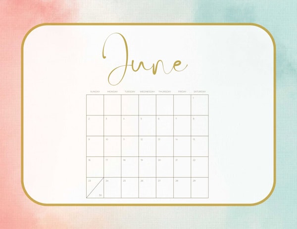 Pink and teal - Horizontal calendar - June - Sunday Start ...