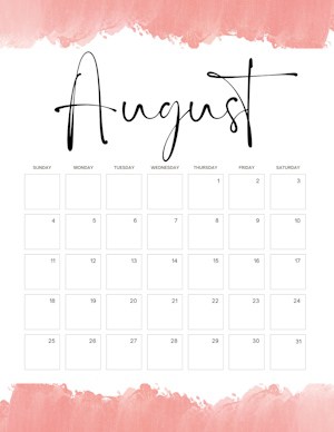 Calendar with watercolor border (you can change the color) - August ...