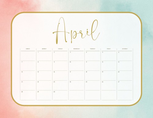 Pink and teal - Horizontal calendar - April - Sunday Start ...