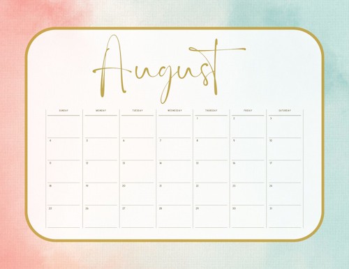 Pink and teal - Horizontal calendar - August - Monday Start ...
