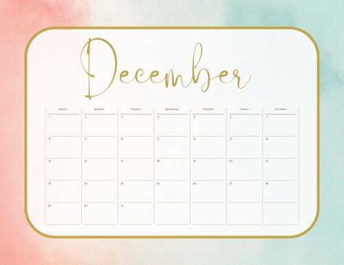 Pink and teal - Horizontal calendar - December - Sunday Start ...