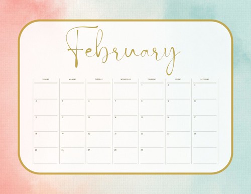 Pink and teal - Horizontal calendar - February - Monday Start ...