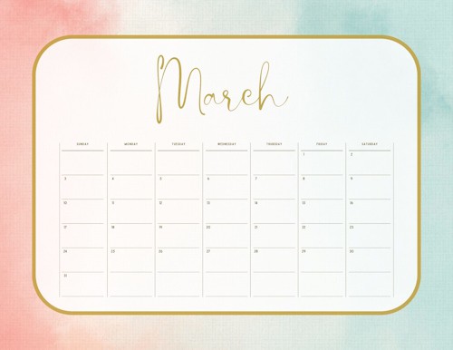 Pink and teal - Horizontal calendar - March - Monday Start ...