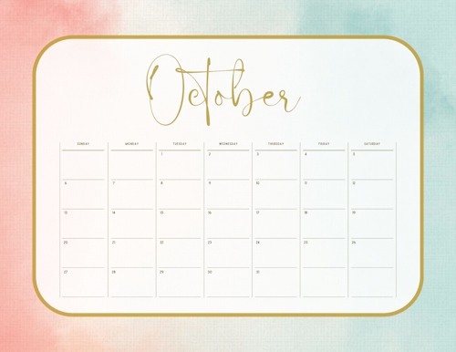 Pink and teal - Horizontal calendar - October - Monday Start ...