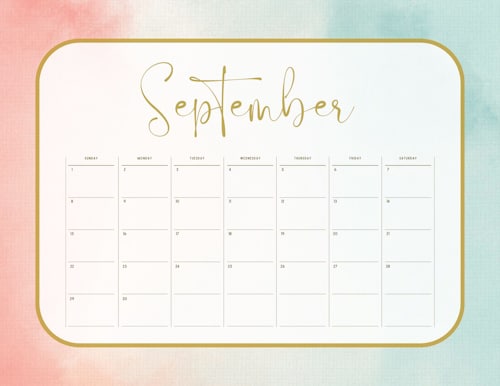 Pink and teal - Horizontal calendar - September - Monday Start ...